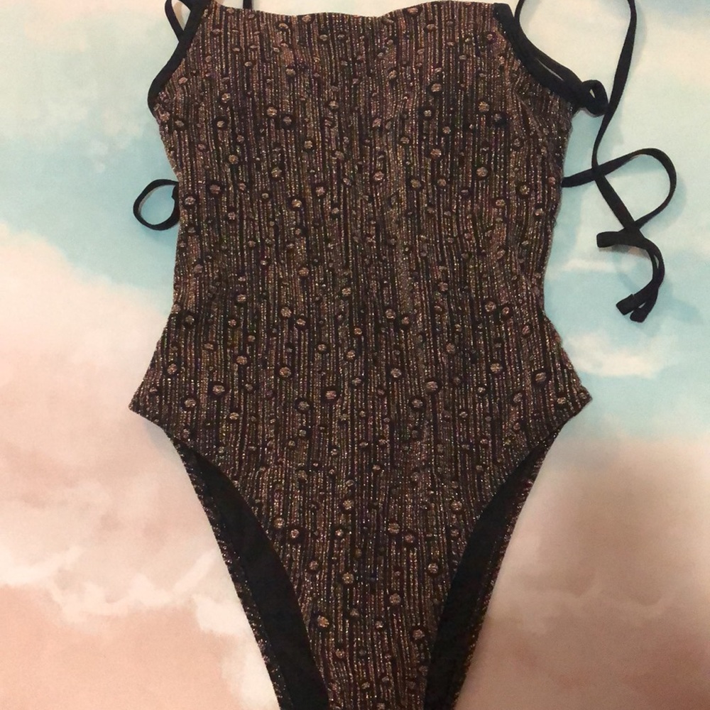 Metallic One Piece Strappy Cutout Bikini Monokini - Gem